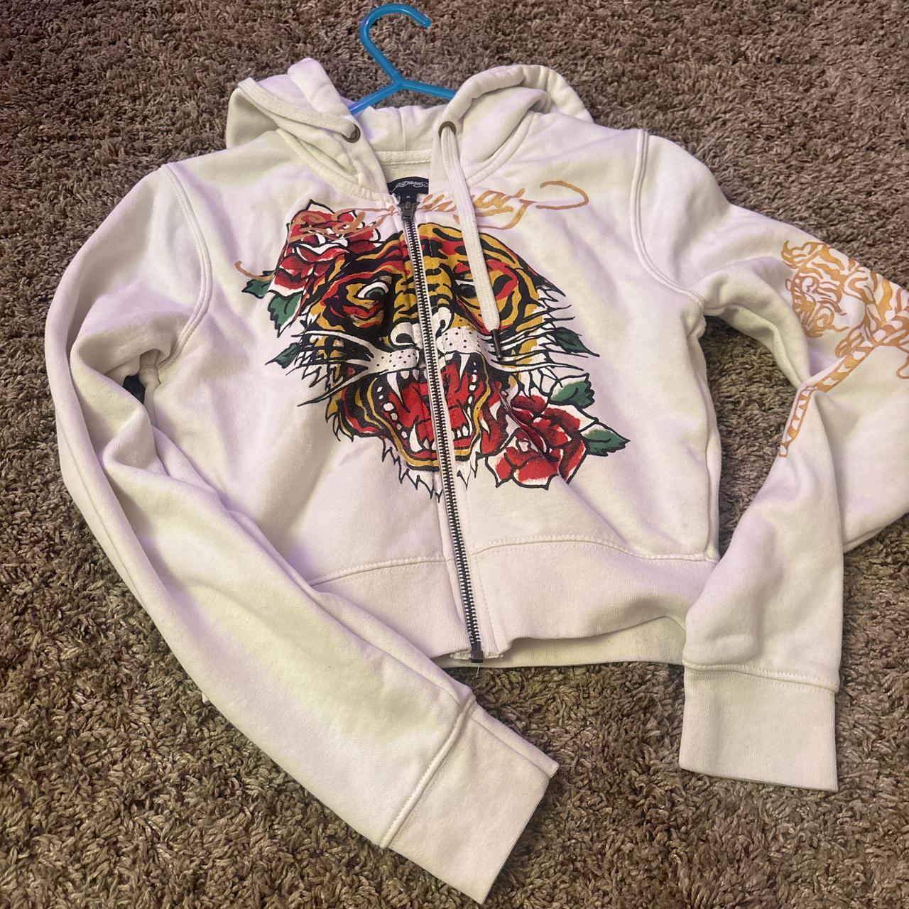 White and red Ed Hardy crop zip up hoodie #EdHardy | Depop