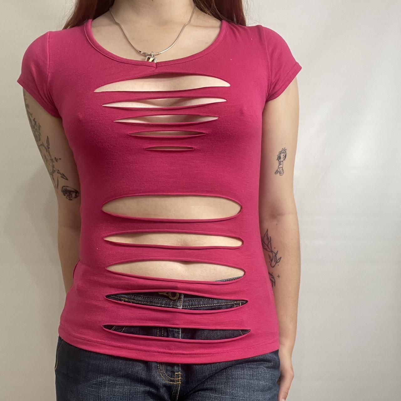Vintage 2000s pink rave distressed tee with slash... - Depop