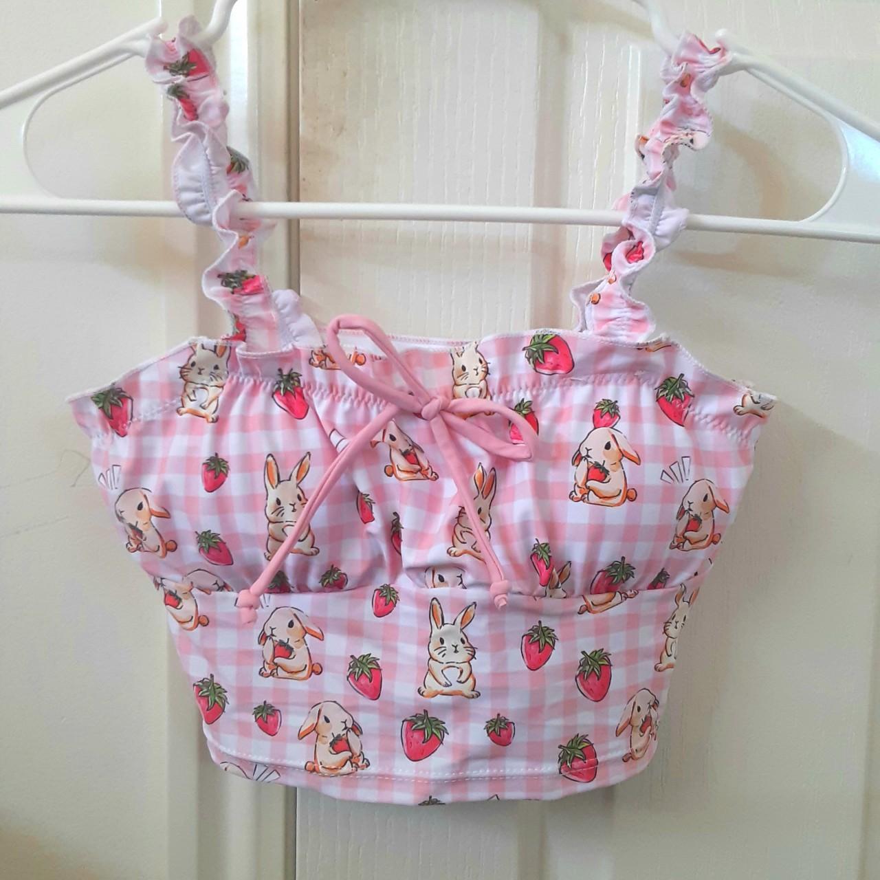 Pink gingham bunny strawberry kawaii top /swimsuit... | Depop