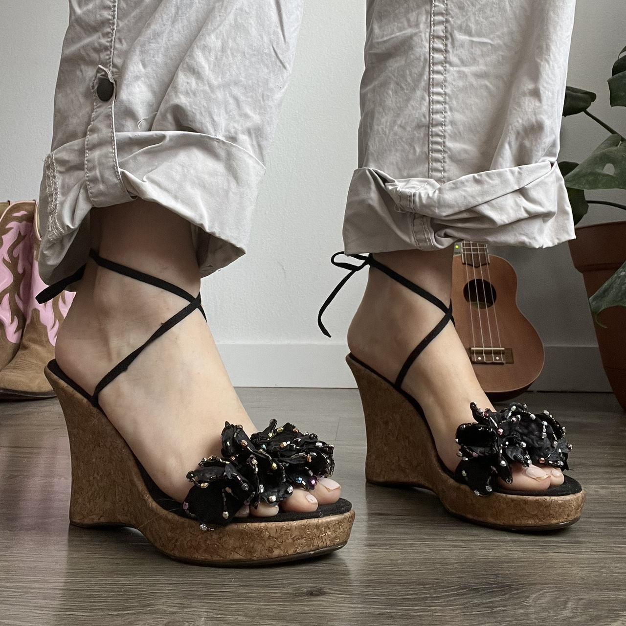 Y2K Cork Wedge Sandals Black frilly flowers with... - Depop