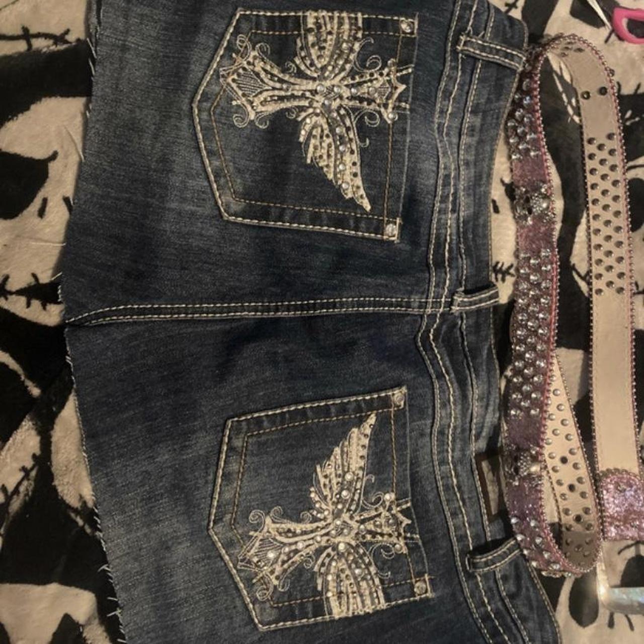 y2k rhinestone cross and wings denim vintage size 14... - Depop