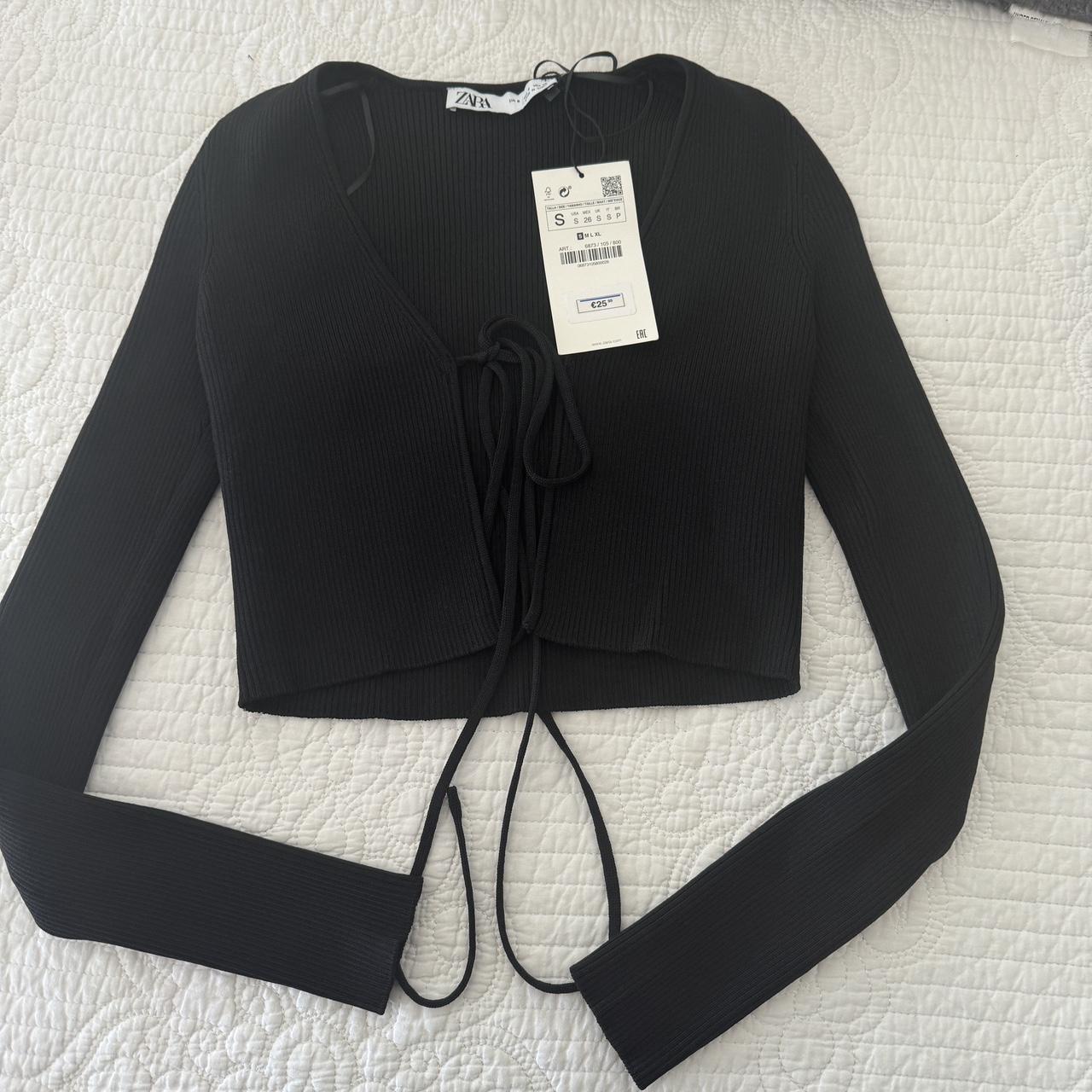 Zara black ribbed cropped cardigan Black Size... - Depop