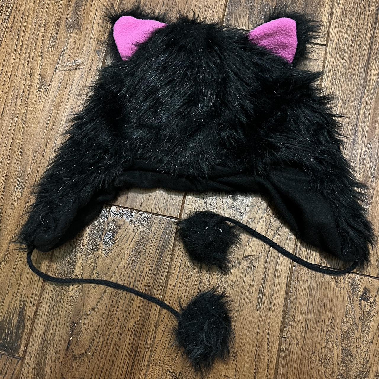Fuzzy Black cat hat with pink ears and strangs with... - Depop