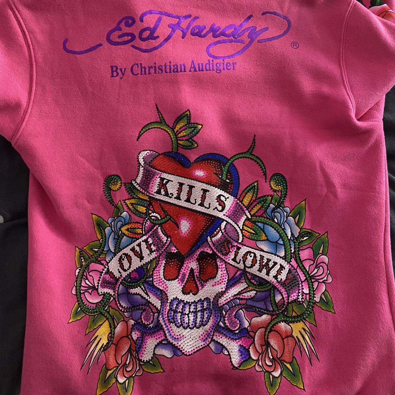 one of a kind pink Ed Hardy zip up 🎀🩷 stunning... - Depop