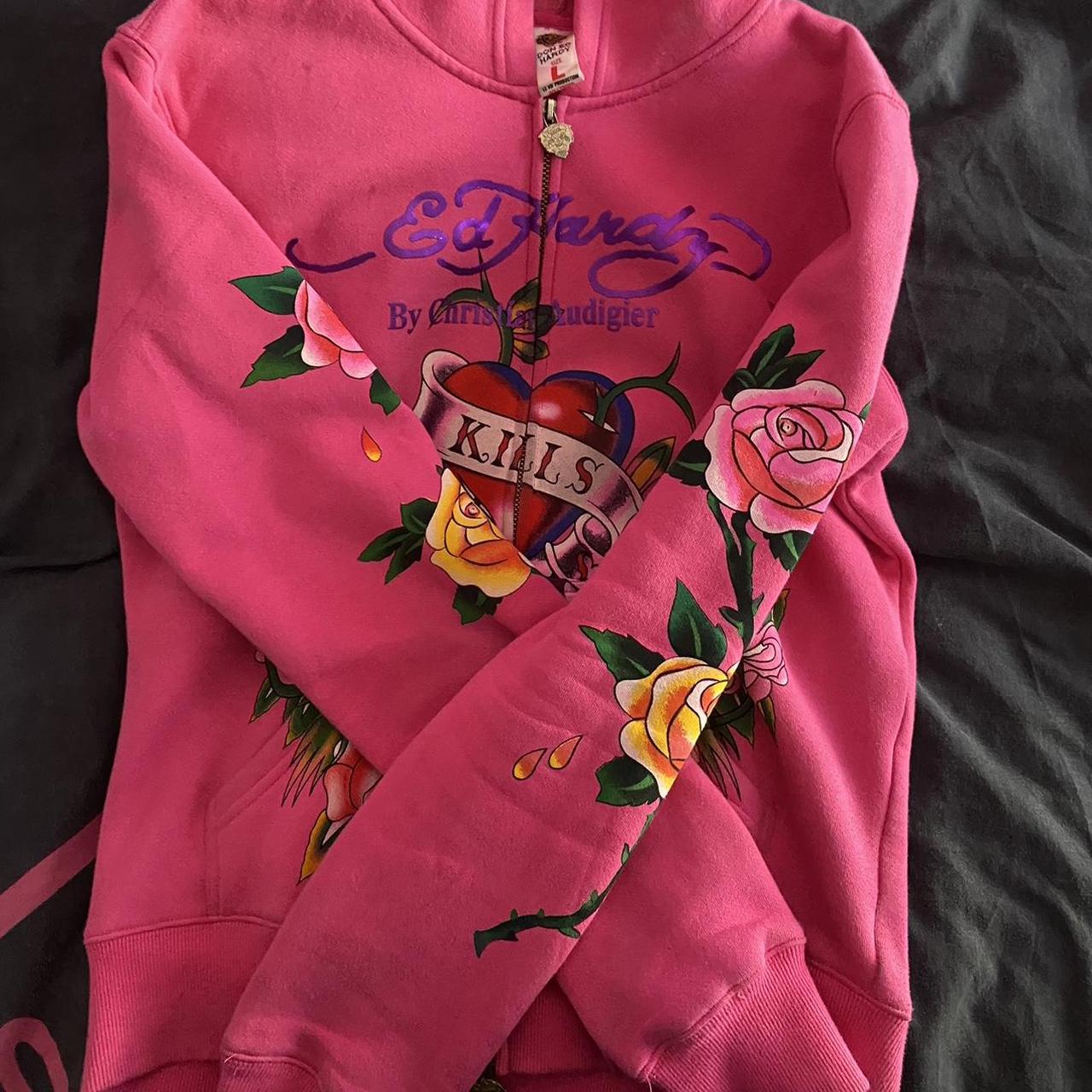 one of a kind pink Ed Hardy zip up 🎀🩷 stunning... - Depop