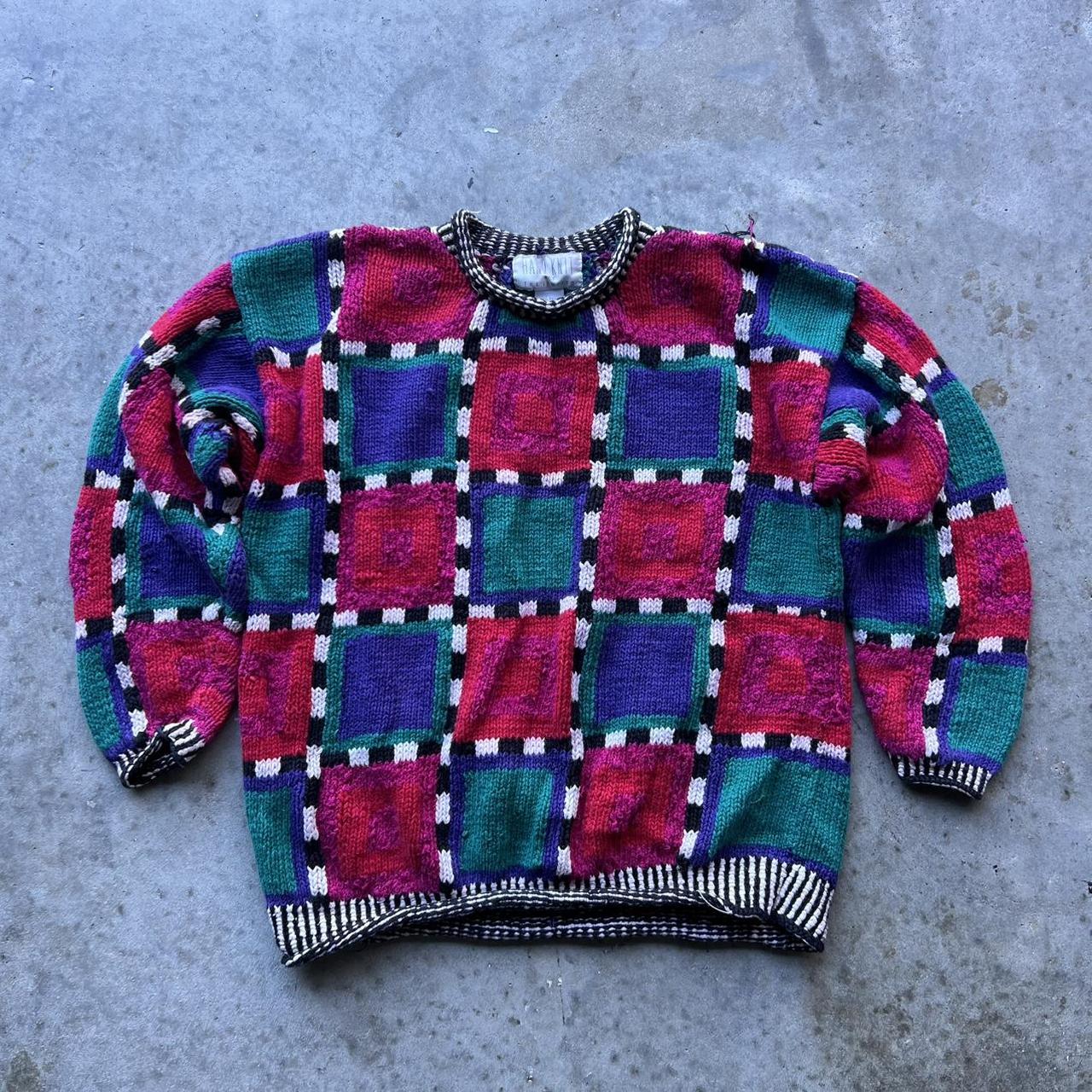 Vintage women’s Hand Knit multi colored pullover... - Depop