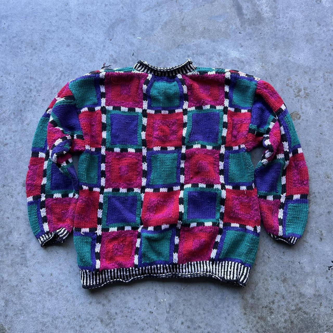 Vintage women’s Hand Knit multi colored pullover... - Depop