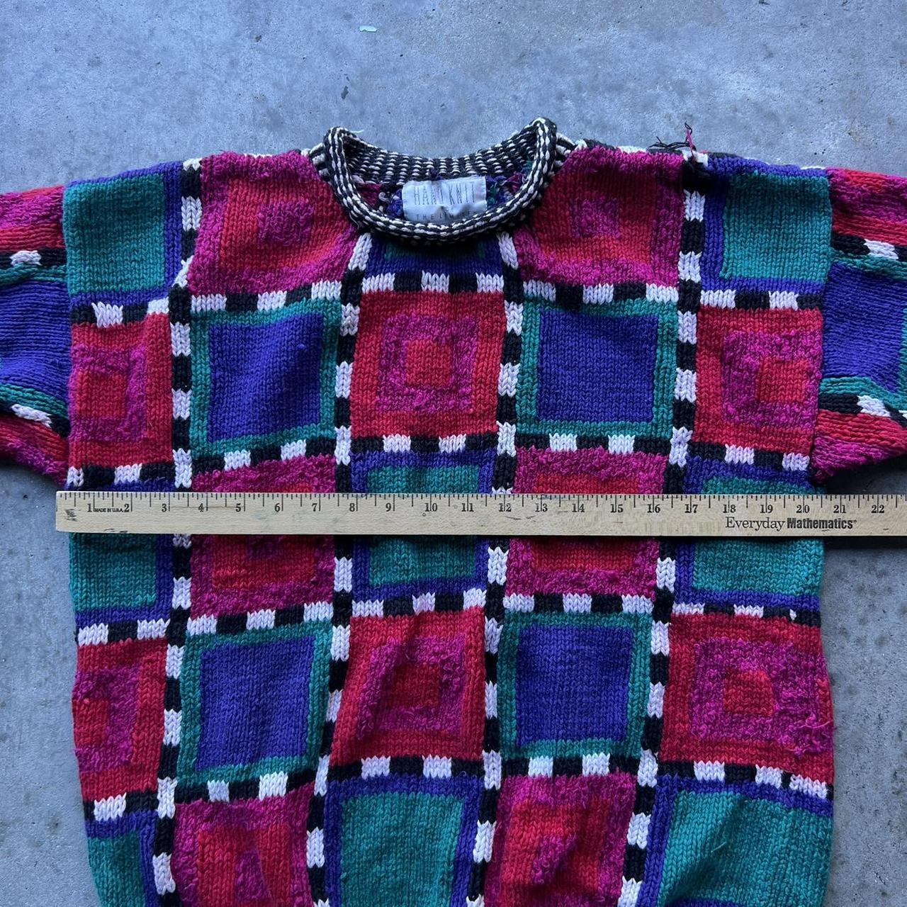 Vintage women’s Hand Knit multi colored pullover... - Depop