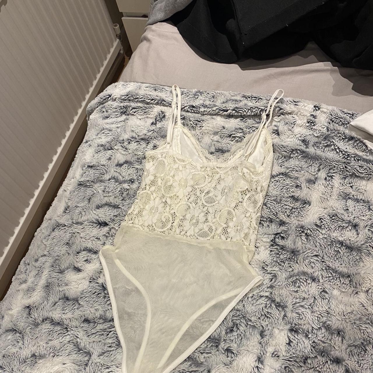 White lace mesh bodysuit. Size 6 but can fit 8/10 as... - Depop