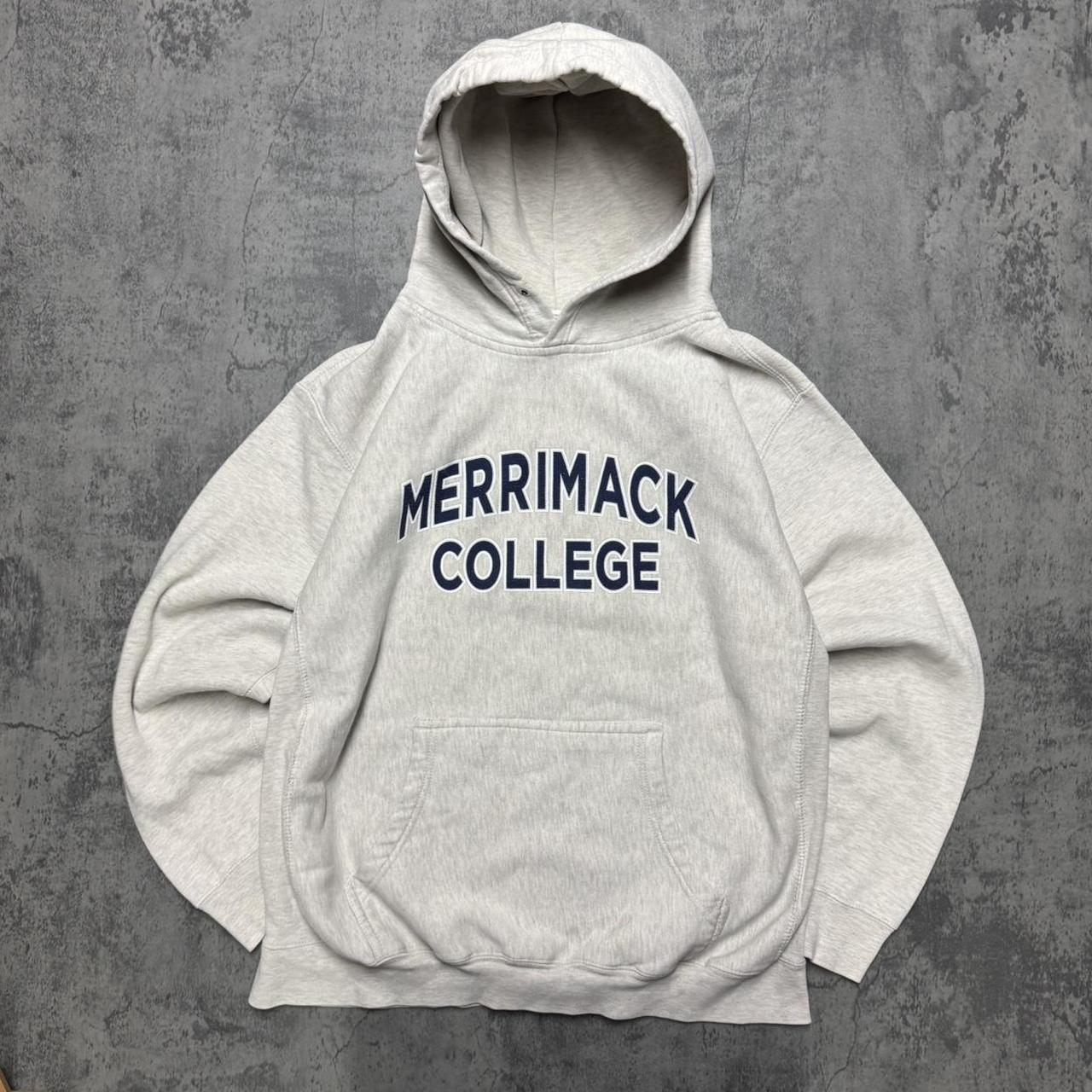 vintage merrimack college logo graphic hoodie sz... | Depop