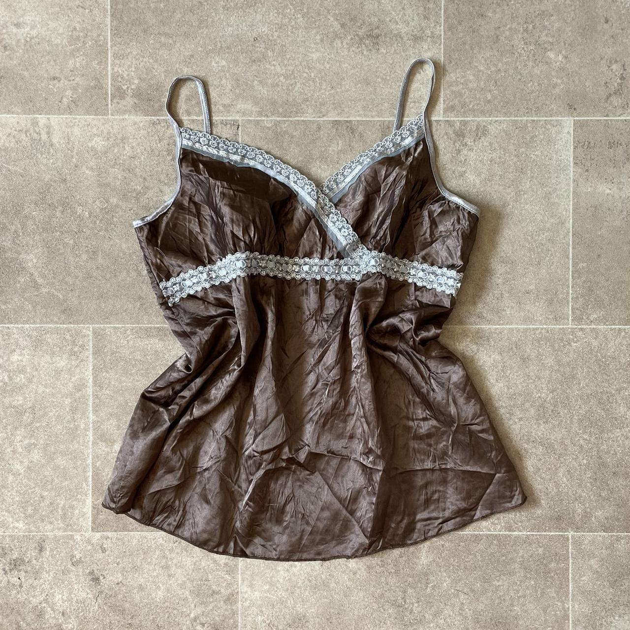 BROWN CAMI TOP EXTRA Vest top Brown and pale blue V... - Depop