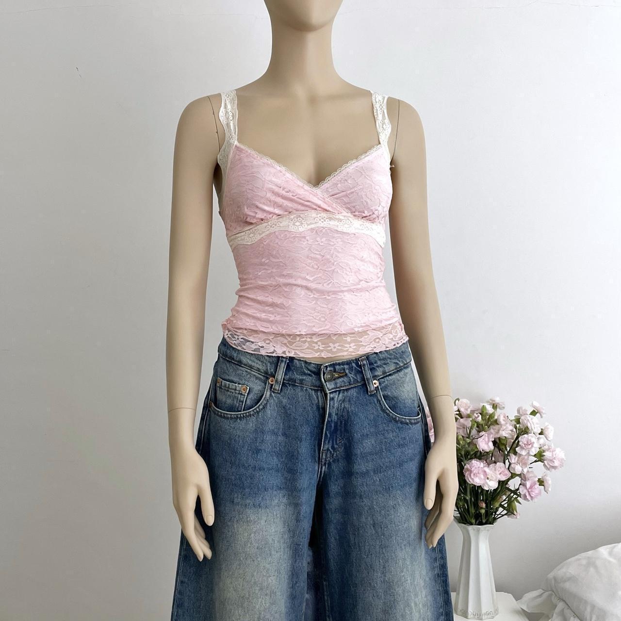 PINK LACE CAMI TOP Pink floral lace Vest top Off... - Depop