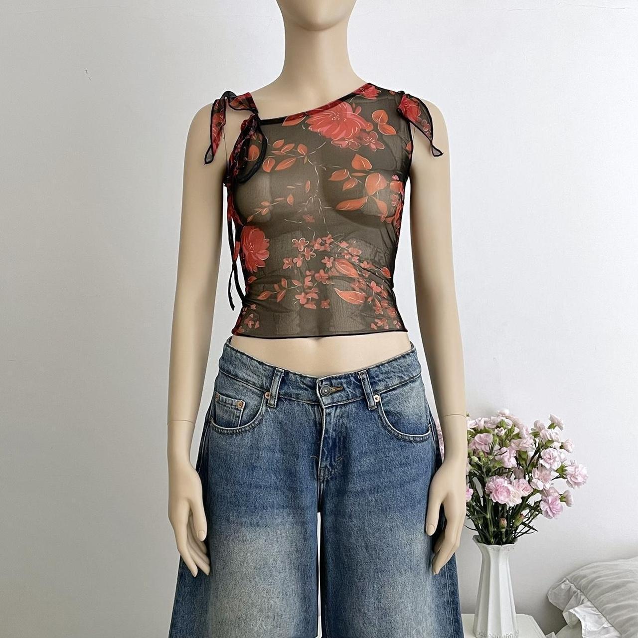 BLACK AND RED FLORAL MESH TOP Sheer micro... - Depop