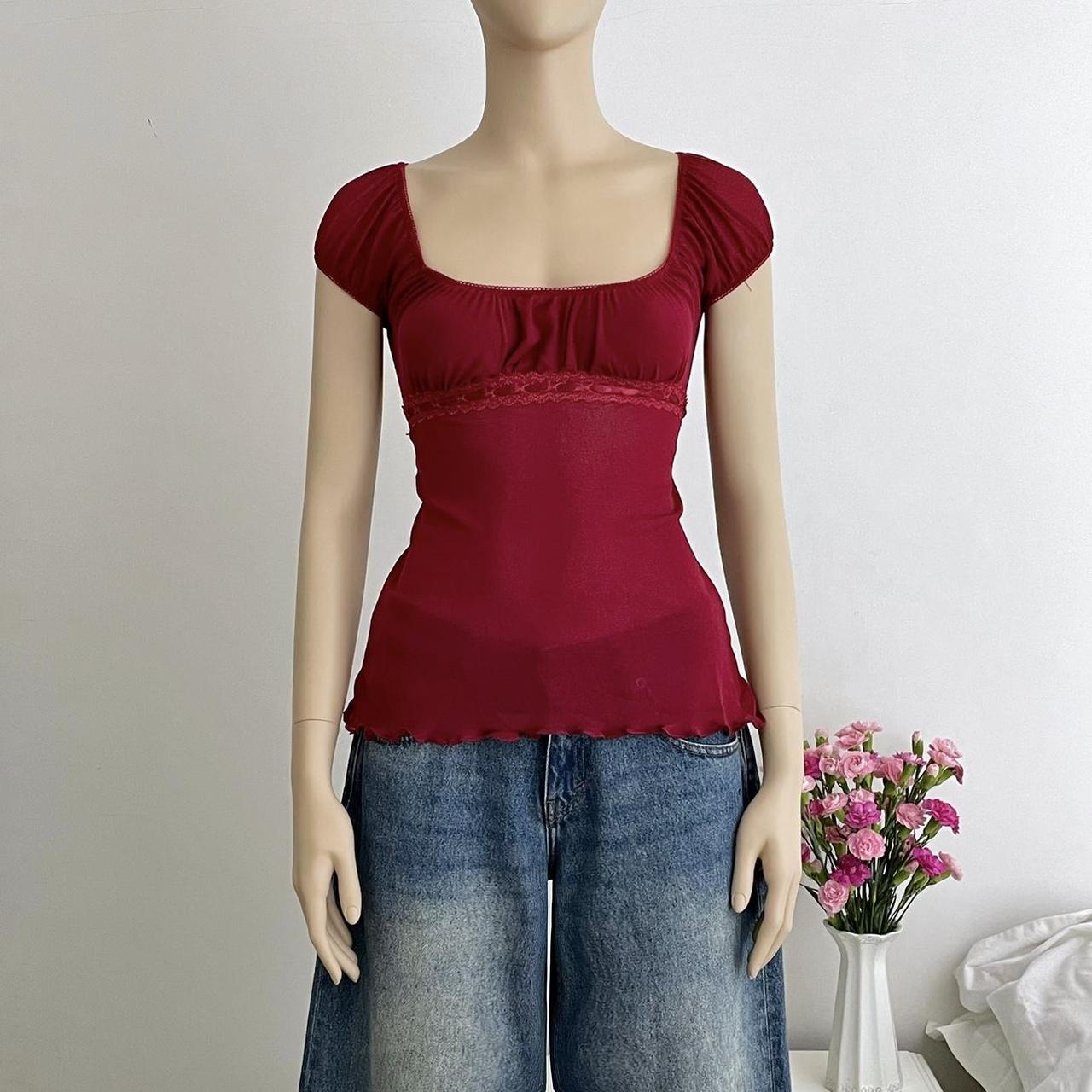 RED MESH SHORT SLEEVE TOP Deep red cap sleeve... - Depop