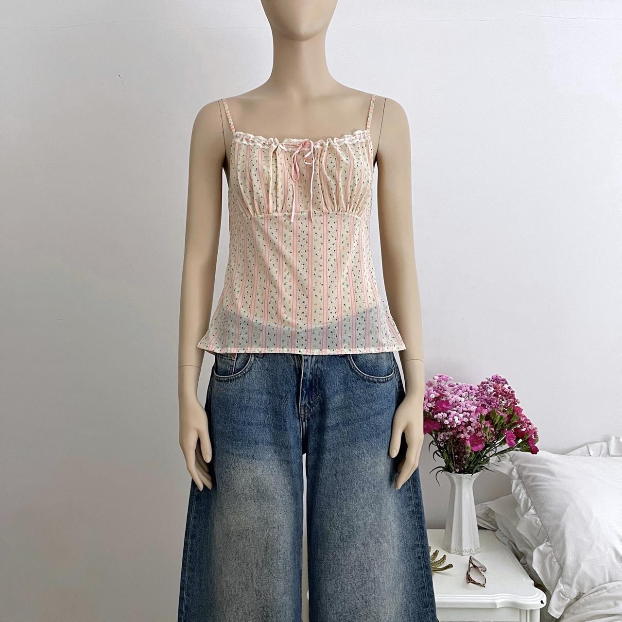 Pink & Cream Mesh Cami Top Vest top / tank top Cream... | Depop