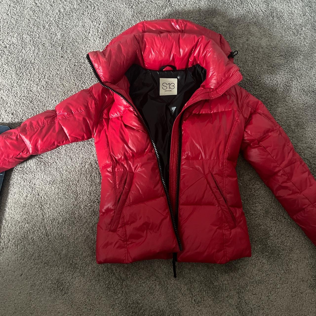 Red puffer jacket with removable hood - Depop