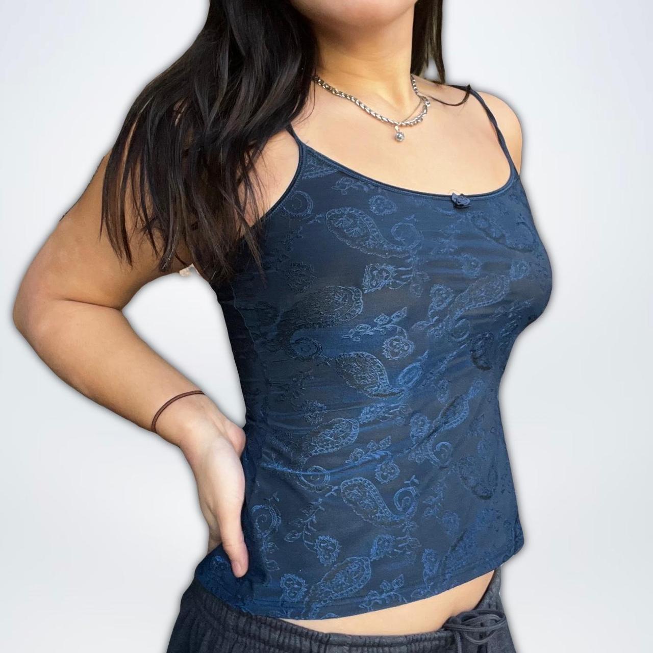 Y2k embroidered pattern slightly iridescent cami top... - Depop