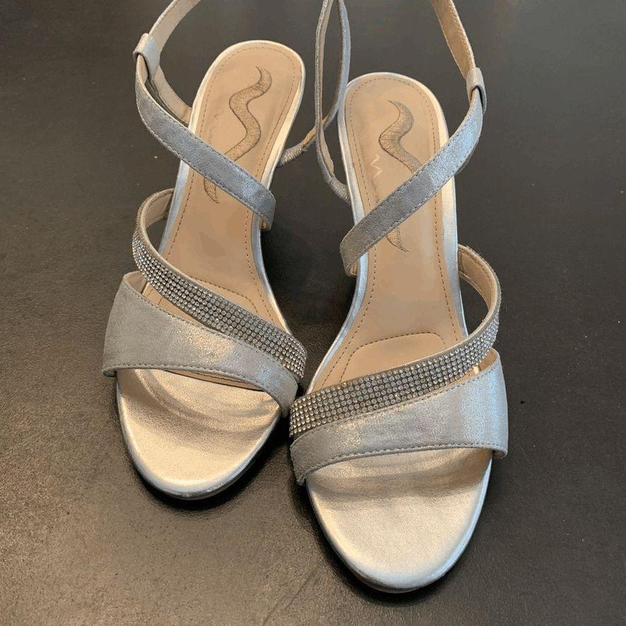 Nina Women's Silver with Rhinestones Wedge Heels... - Depop