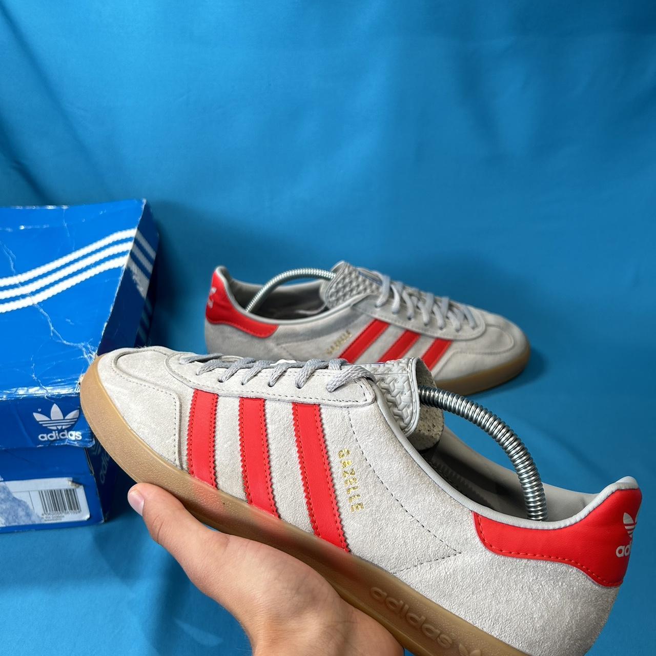 Red and white Adidas Gazelle original men's suede... - Depop