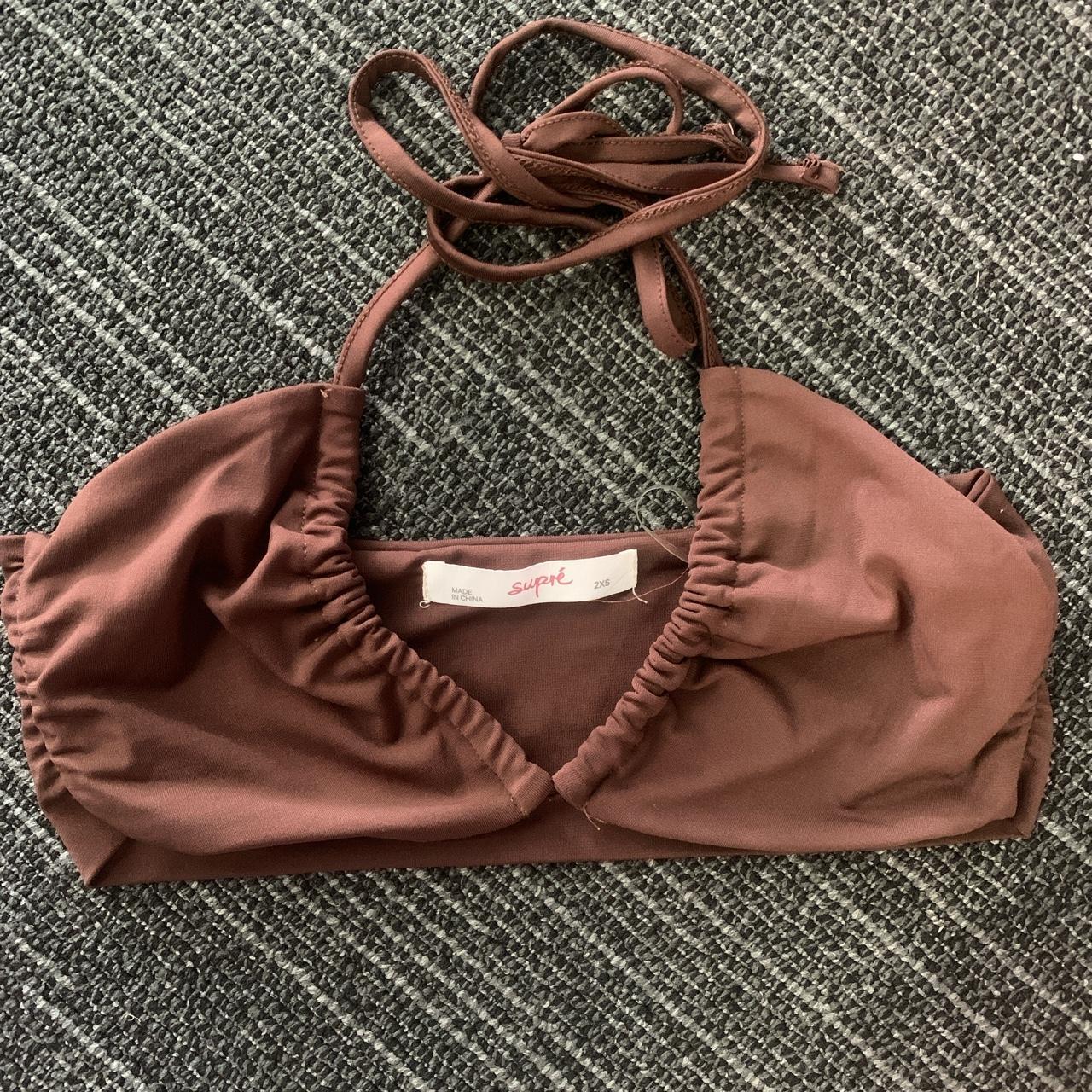-Brown supre crop top, ties at the neck -size 2xs - Depop
