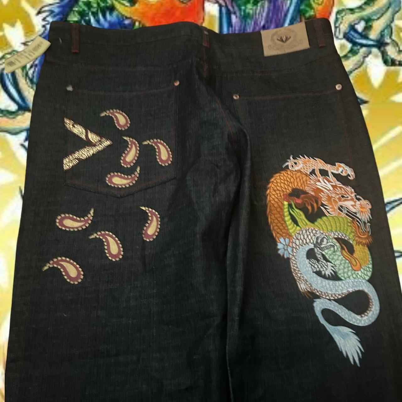 DEADSTOCK Dragon embroided baggy wide leg jeans - Depop