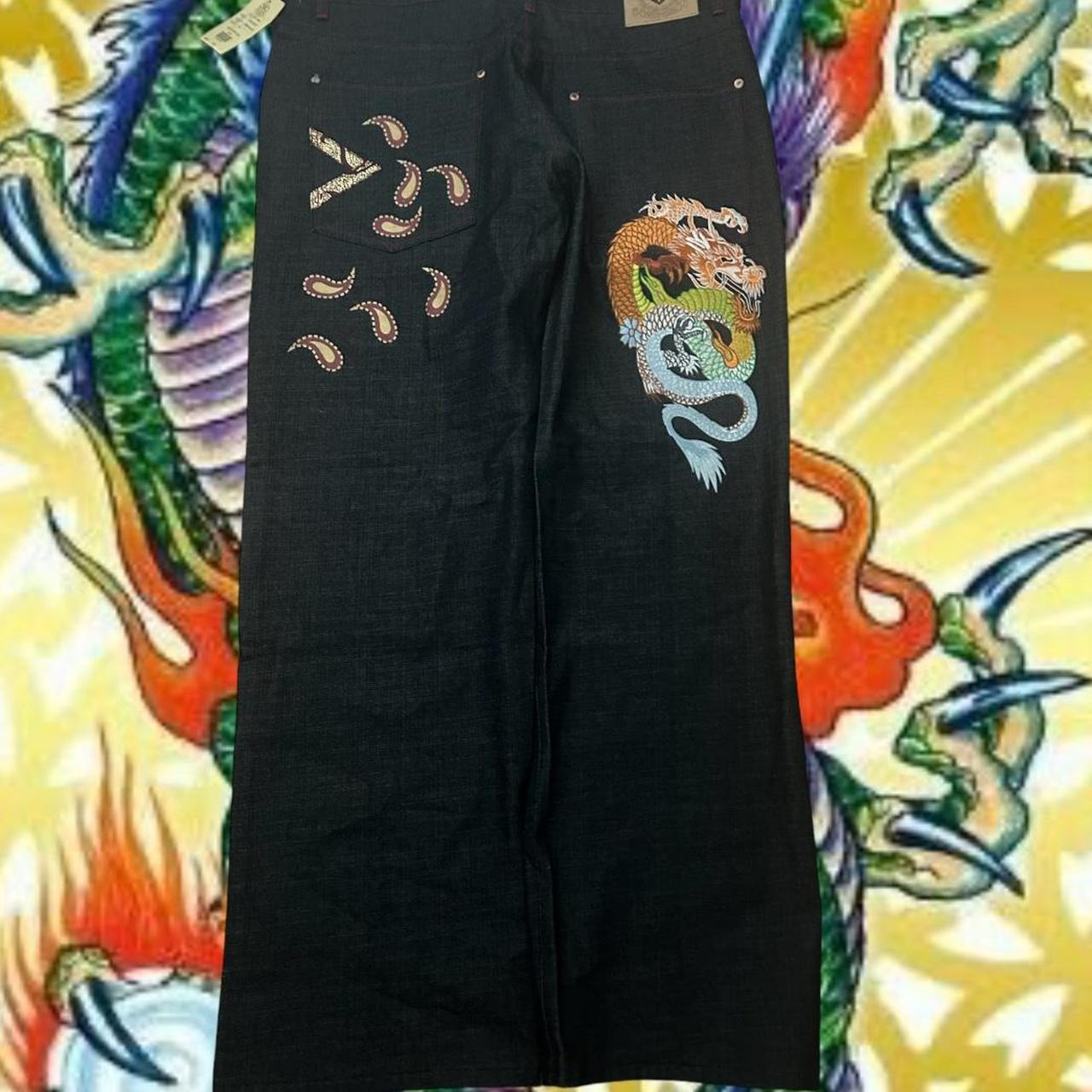 DEADSTOCK Dragon embroided baggy wide leg jeans - Depop