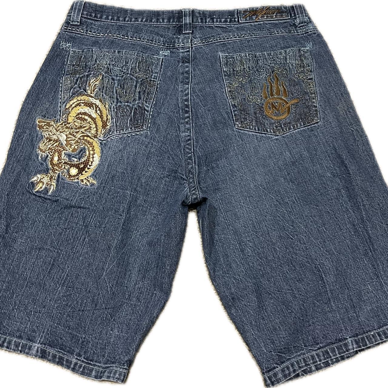 Blue and gold embroidered dragon jorts Red Avirex... | Depop