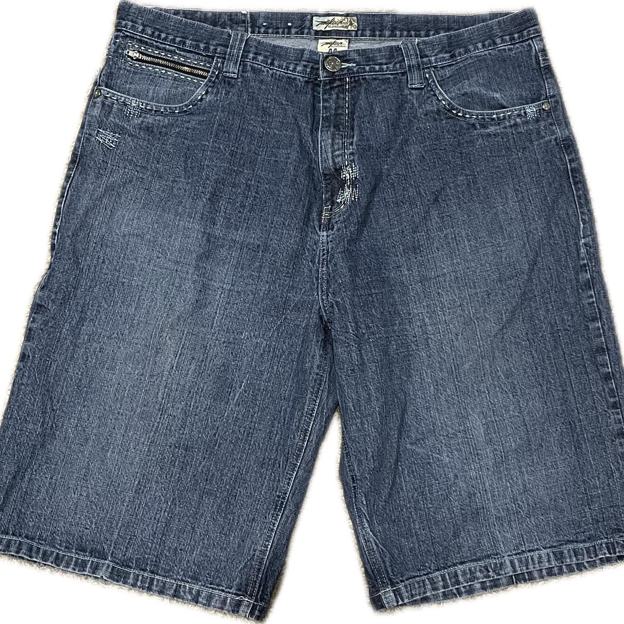 Blue and gold embroidered dragon jorts Red Avirex... | Depop