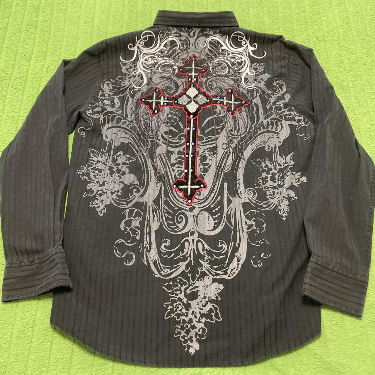 Cyber Y2k crazy double sized cross button up shirt... - Depop