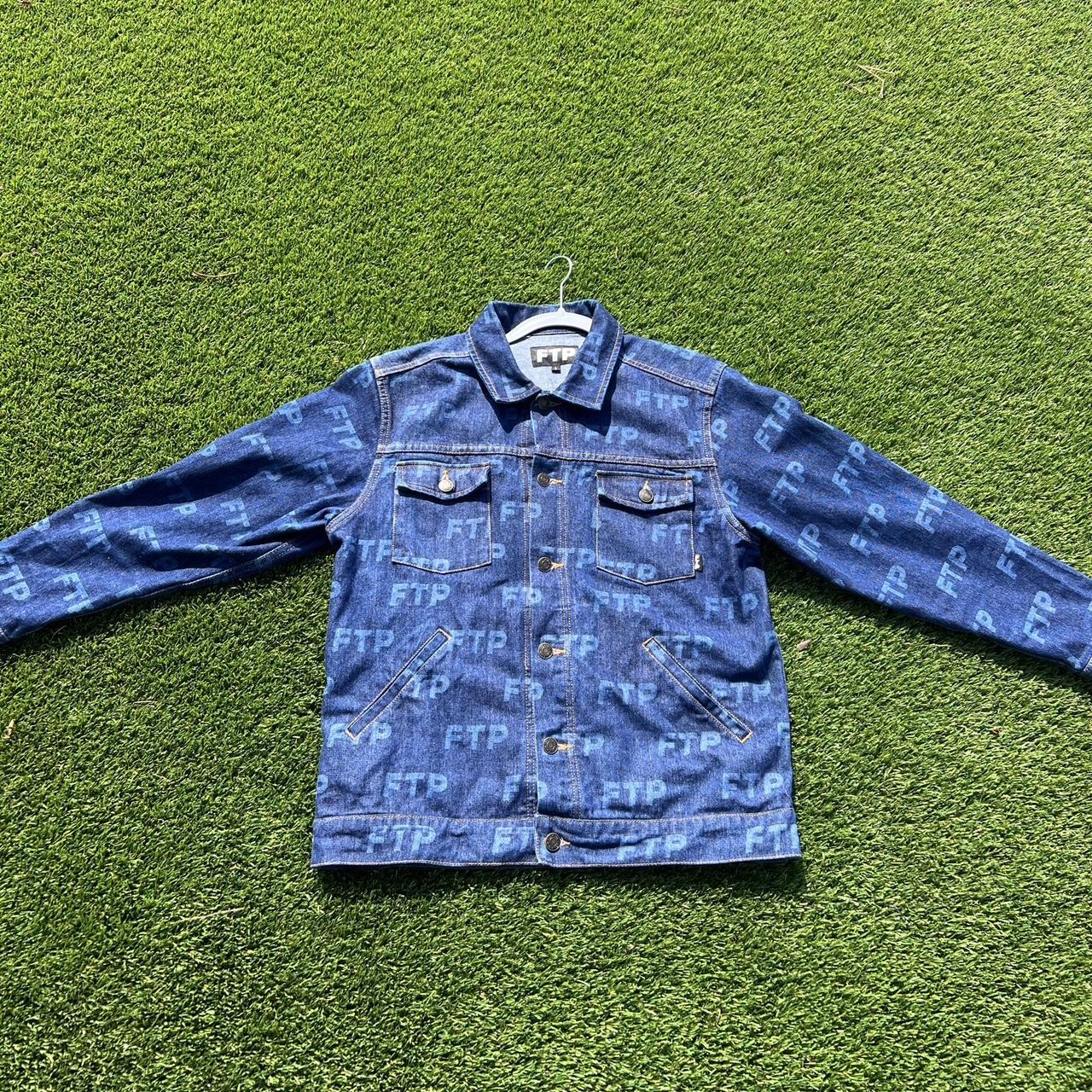 FTP blue denim jacket with all over print logo Used... | Depop