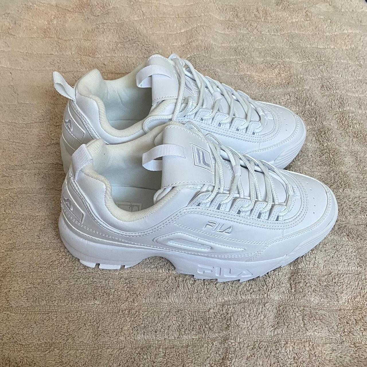 all white chunky filas (girls size 7/ womens 8.5) -... - Depop