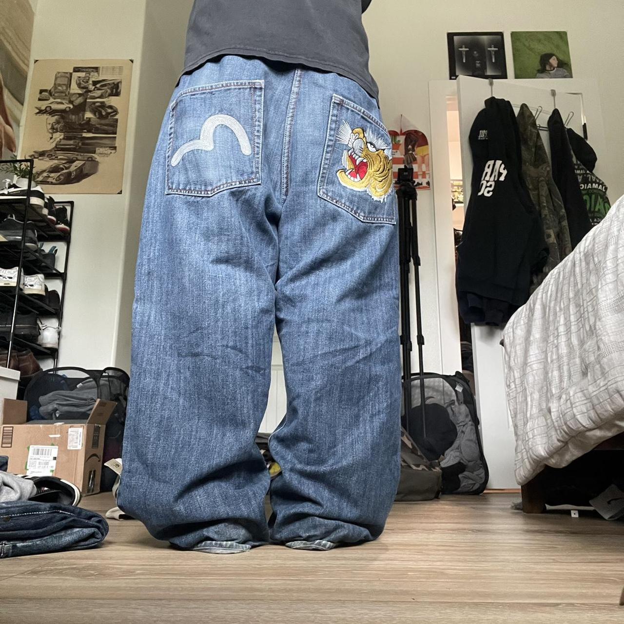evisu 2000s tiger baggy embroidered jeans size 40/28... - Depop