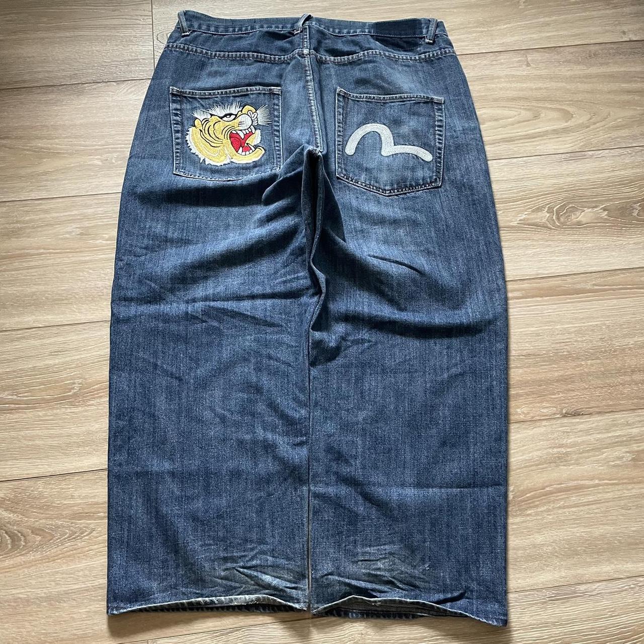 evisu 2000s tiger baggy embroidered jeans size 40/28... - Depop