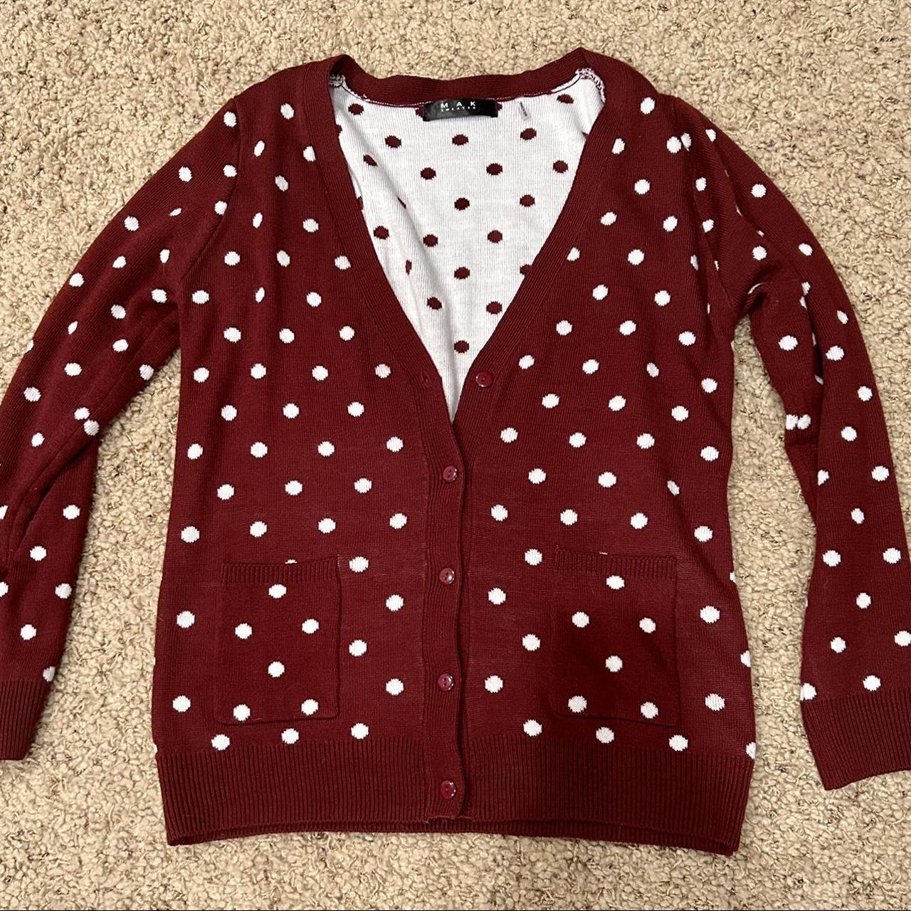 ModCloth Women's Burgundy and White Cardigan | Depop