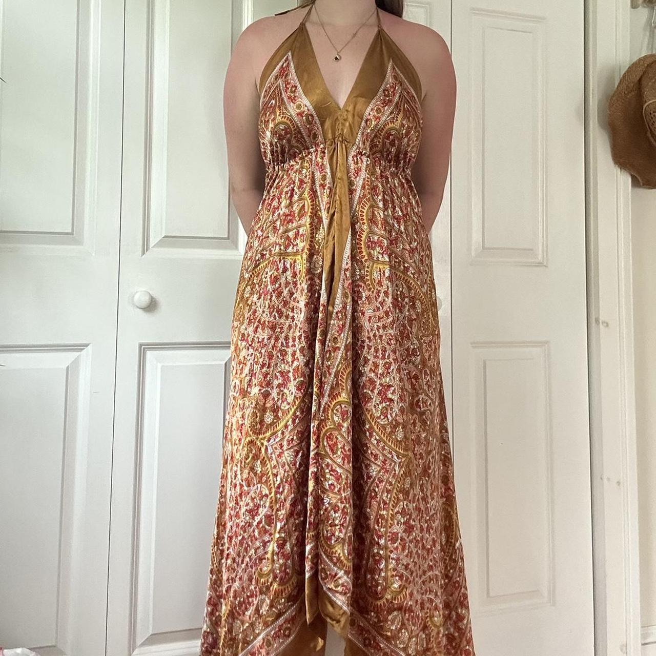 Boho patterned silk dress adjustable size - Depop