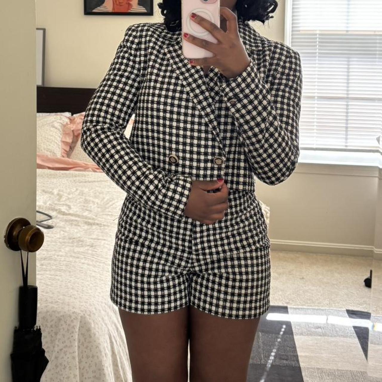 Black and white checked blazer and shorts set... | Depop