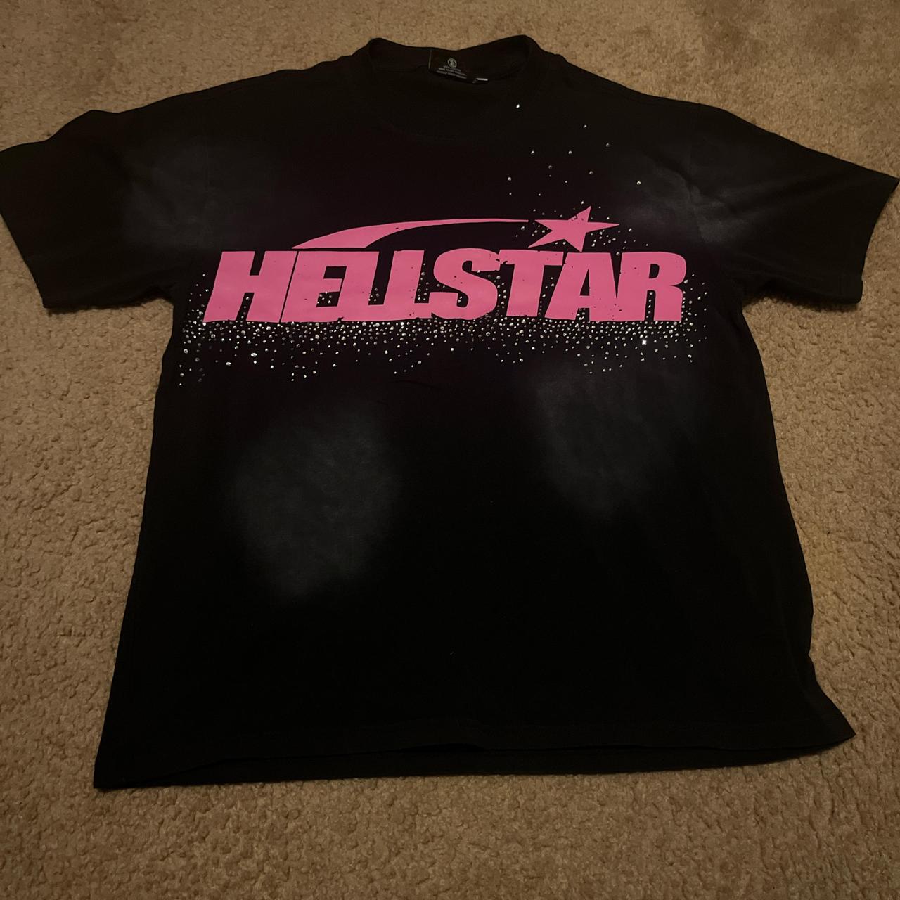 Pink and black Hellstar rhinestone Tshirt never worn... | Depop