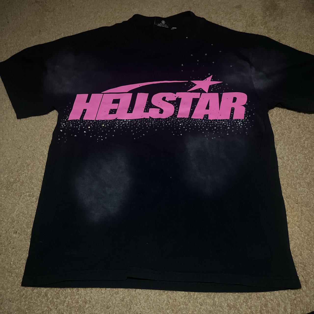 Pink and black Hellstar rhinestone Tshirt never worn... | Depop