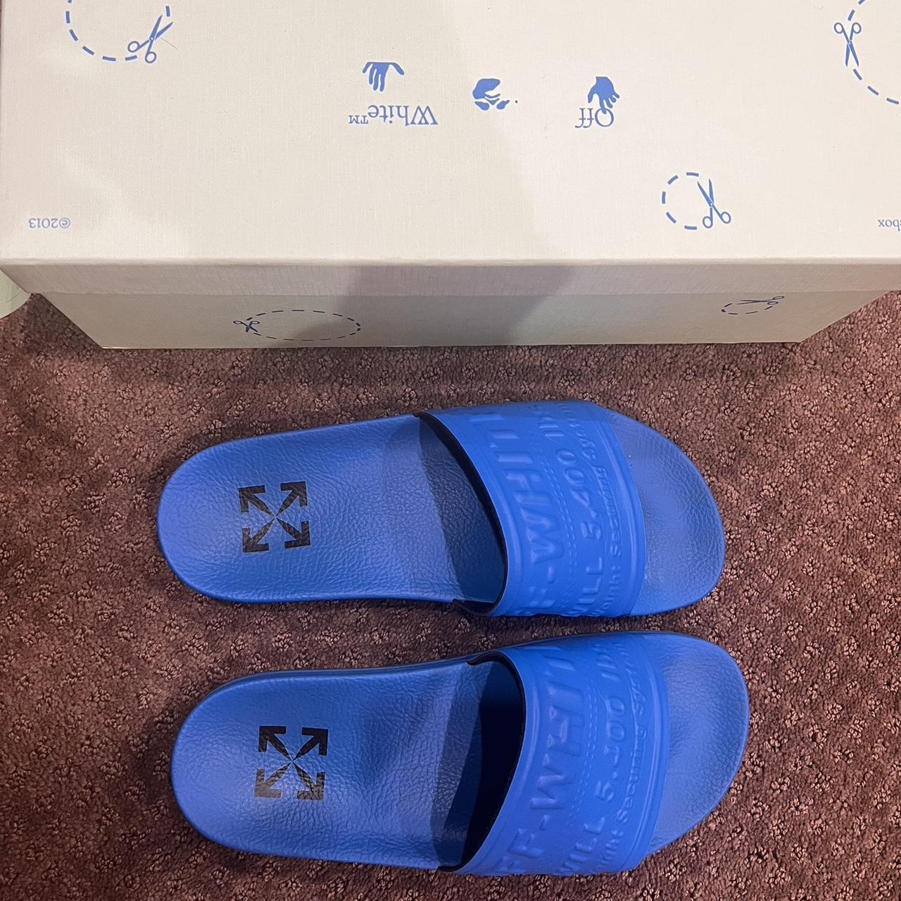Off-White Men's Blue Slides | Depop