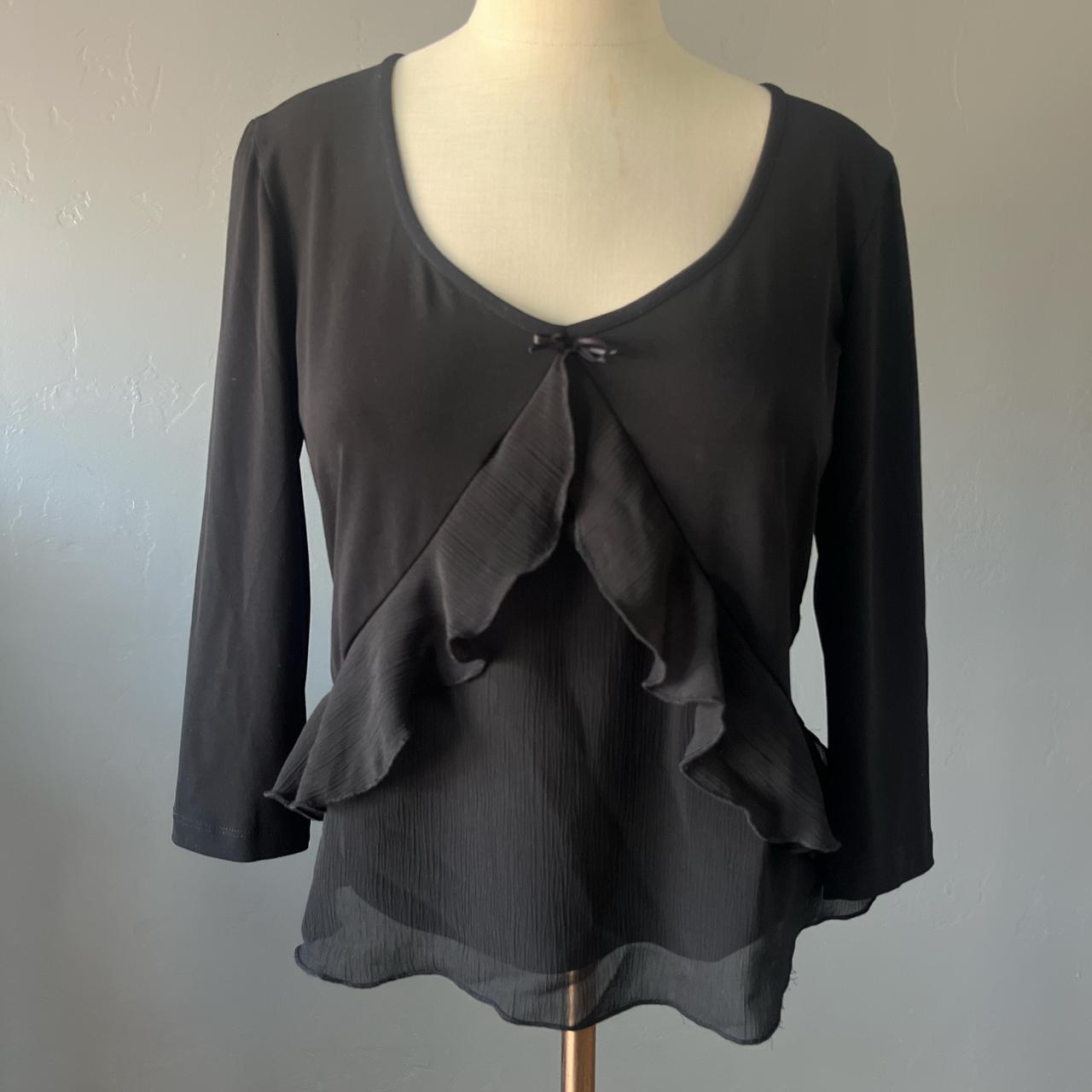 Vintage Black sheer ruffle blouse with 3/4 length... - Depop