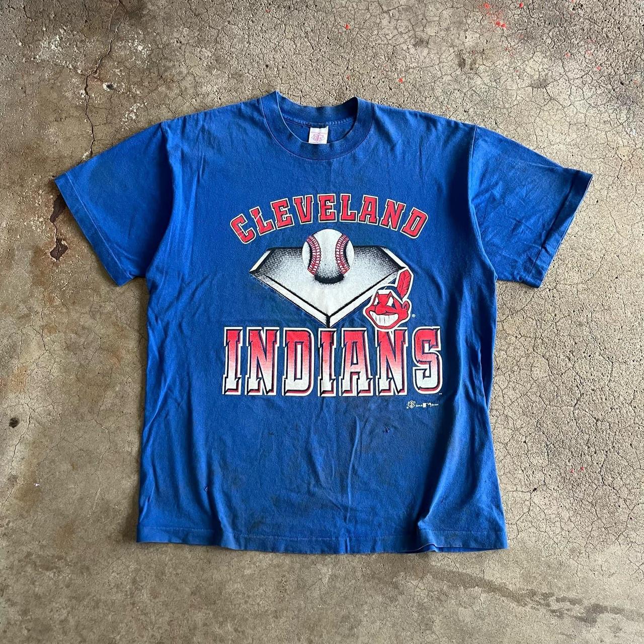 Vintage 90s GTS MLB Cleveland Indians Blue T-Shirt... - Depop