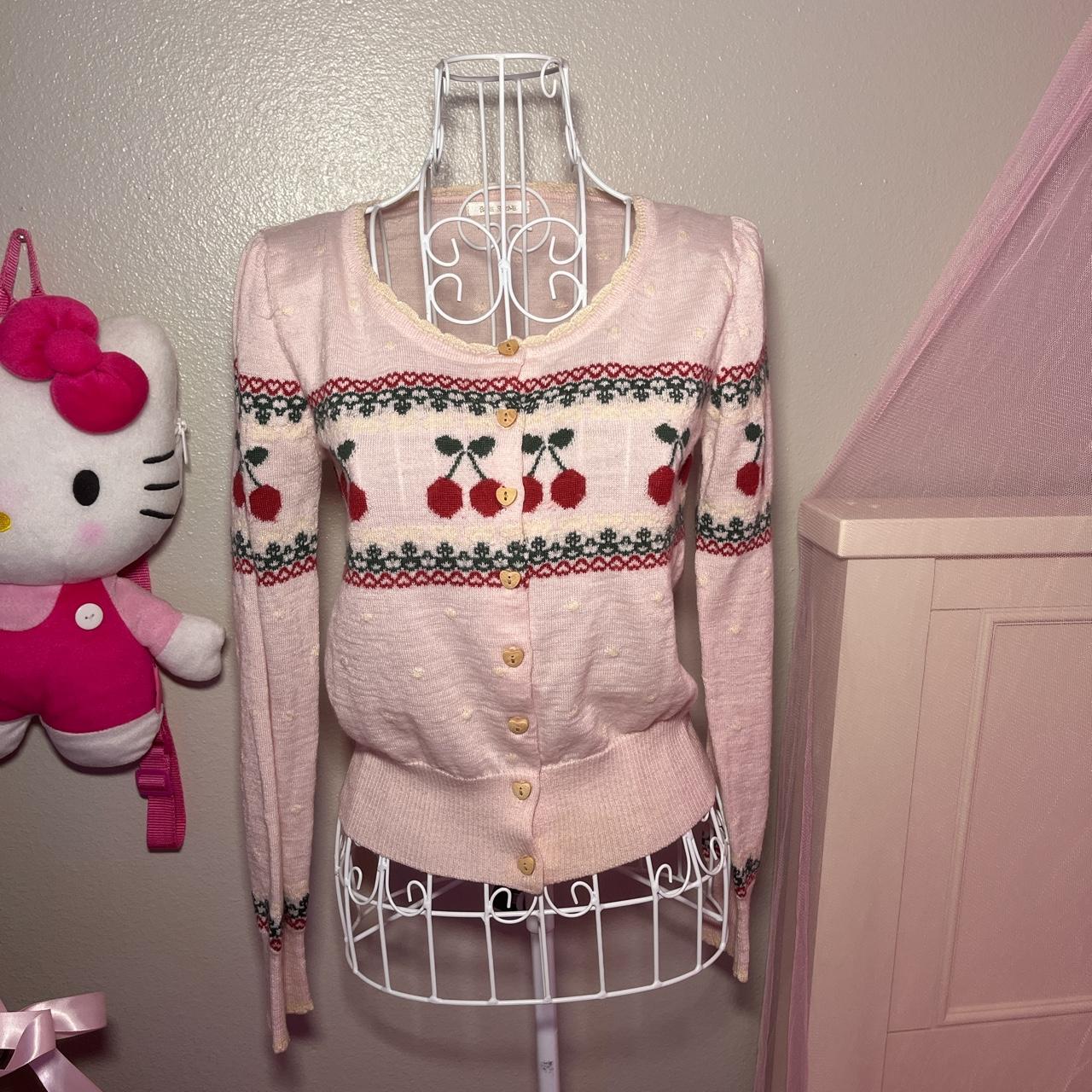 pale pink polka dot cherry cardigan with heart... - Depop
