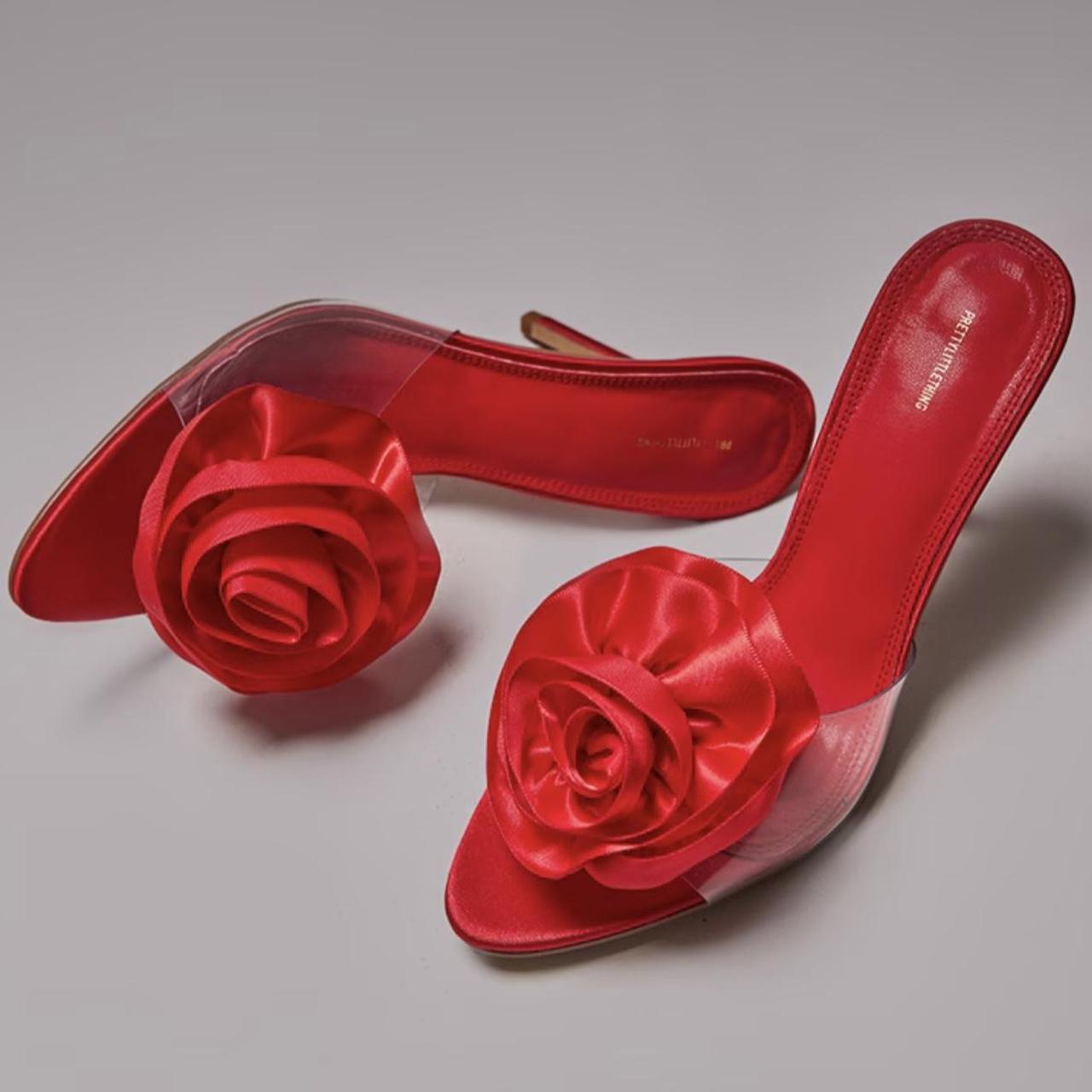 Pretty Little Thing Heels Red Satin Round Toe... - Depop