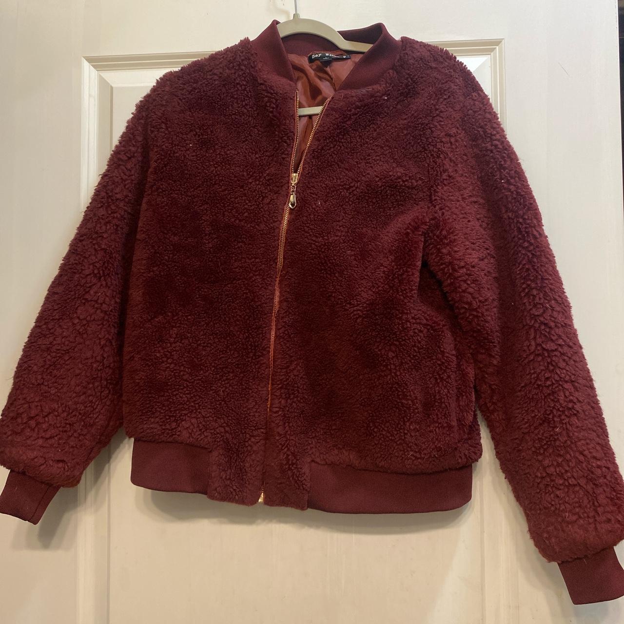 Red furry jacket with golden zipper #jacket... - Depop