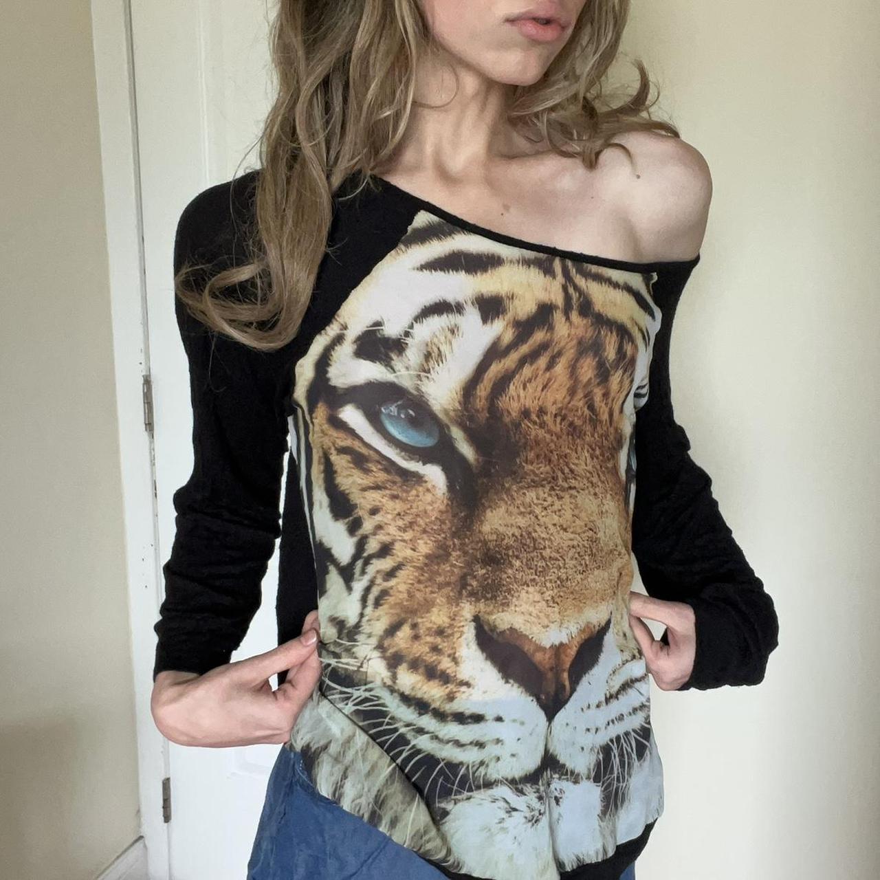Black off the shoulder indie sleeze 2010s tiger... | Depop