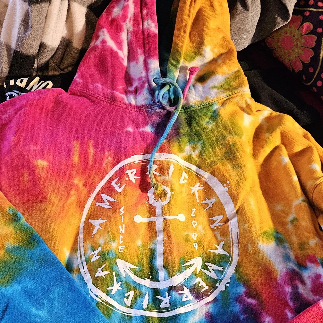 AMERRICKAN TYE DYE HOODIE SIZE XL HOLE ALONG SEAM ON... | Depop