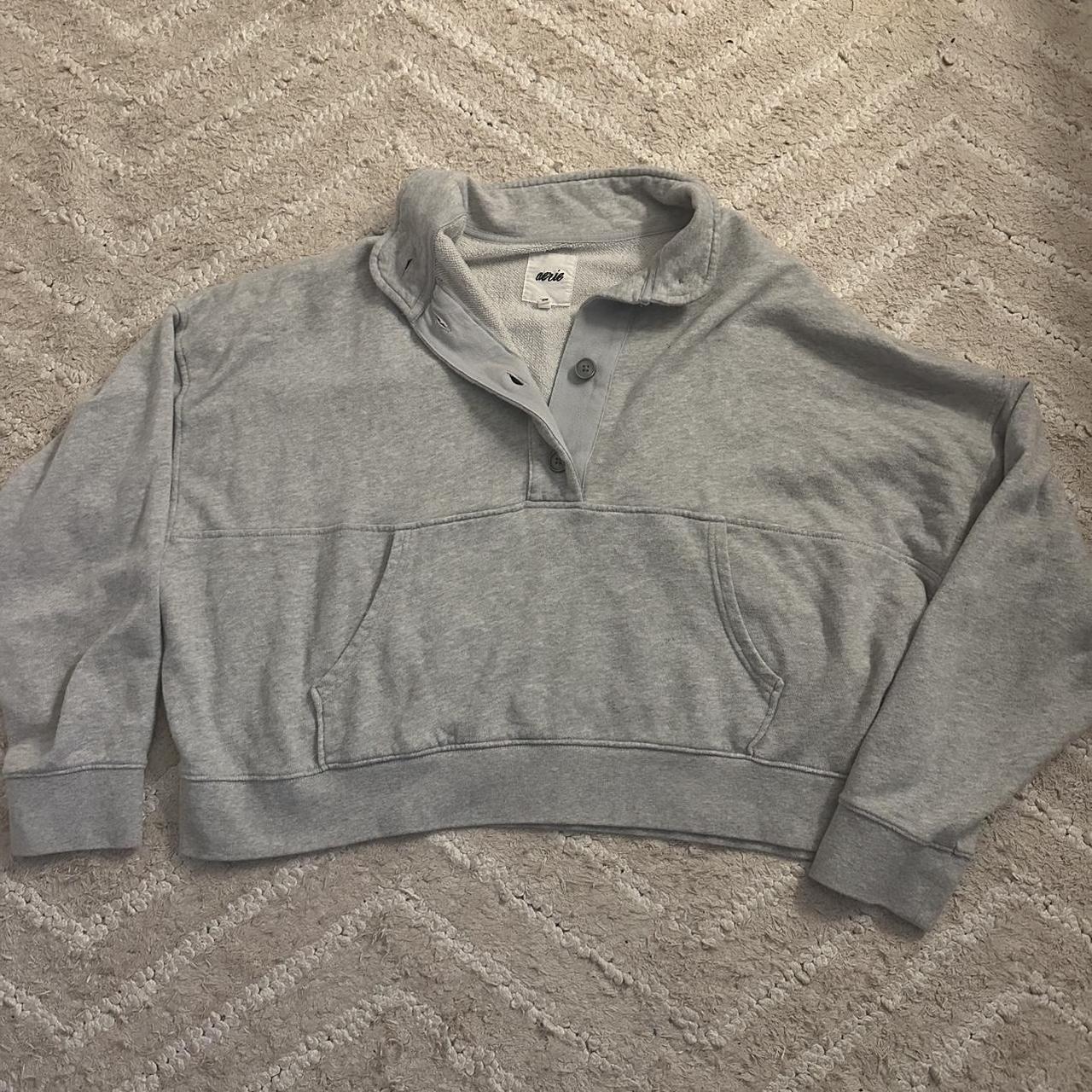 aerie grey cropped quarter button sweatshirt size:... | Depop