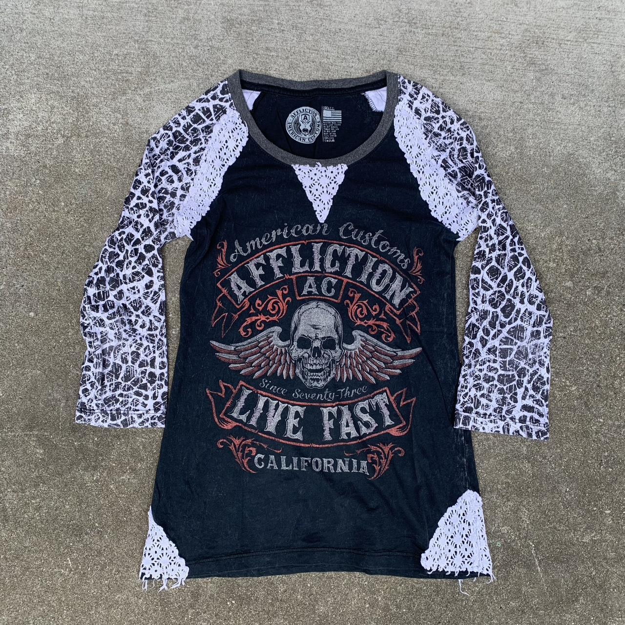 y2k affliction live fast lace tee american customs... - Depop