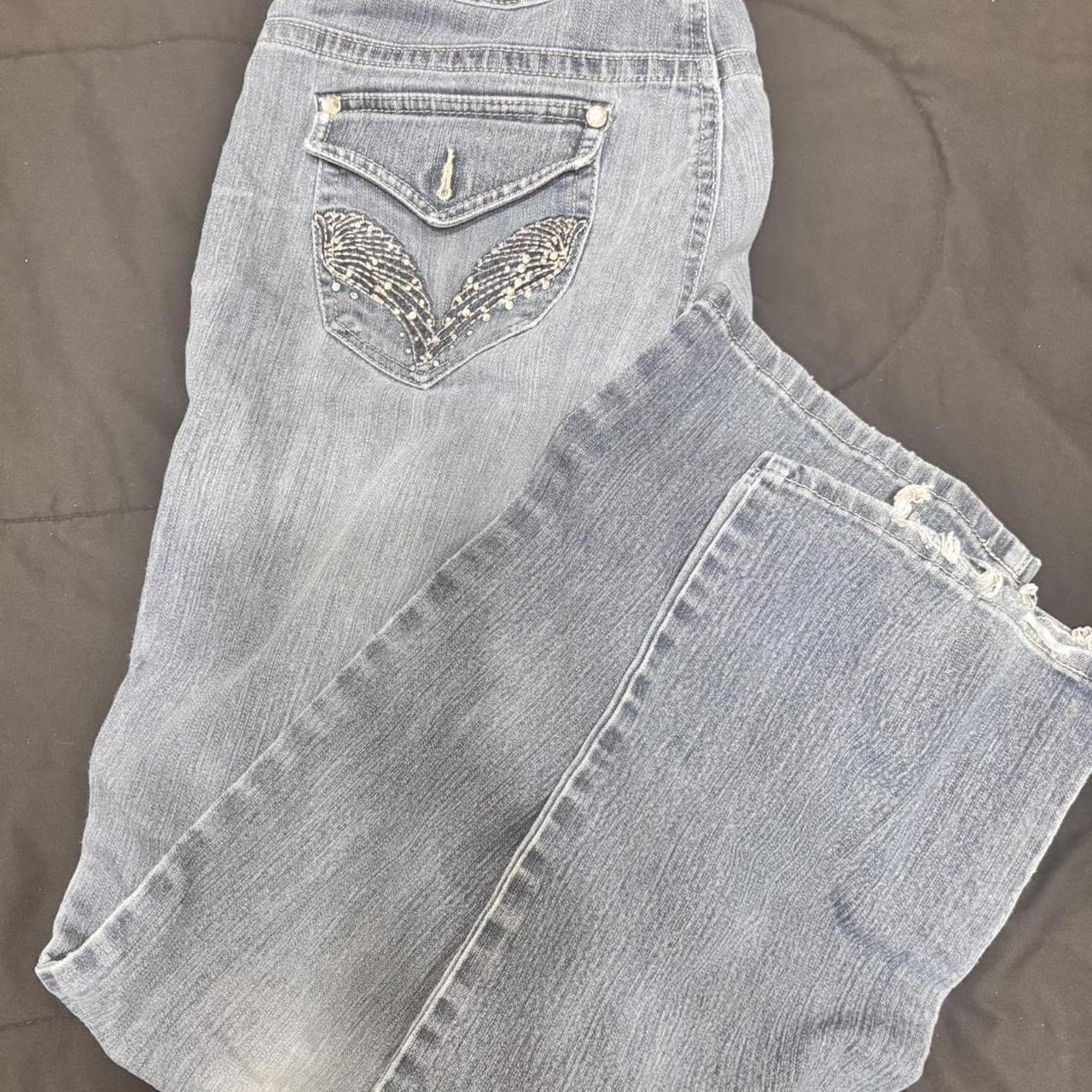 Light wash low rise bootcut jeans with bedazzled... | Depop