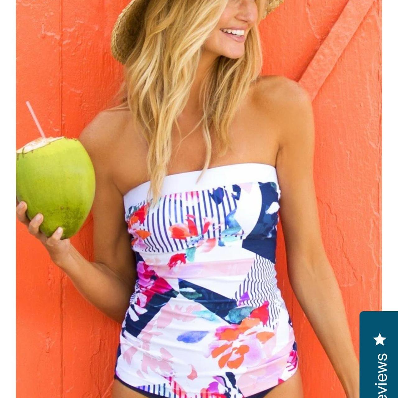 White with floral print strapless swimsuit... | Depop